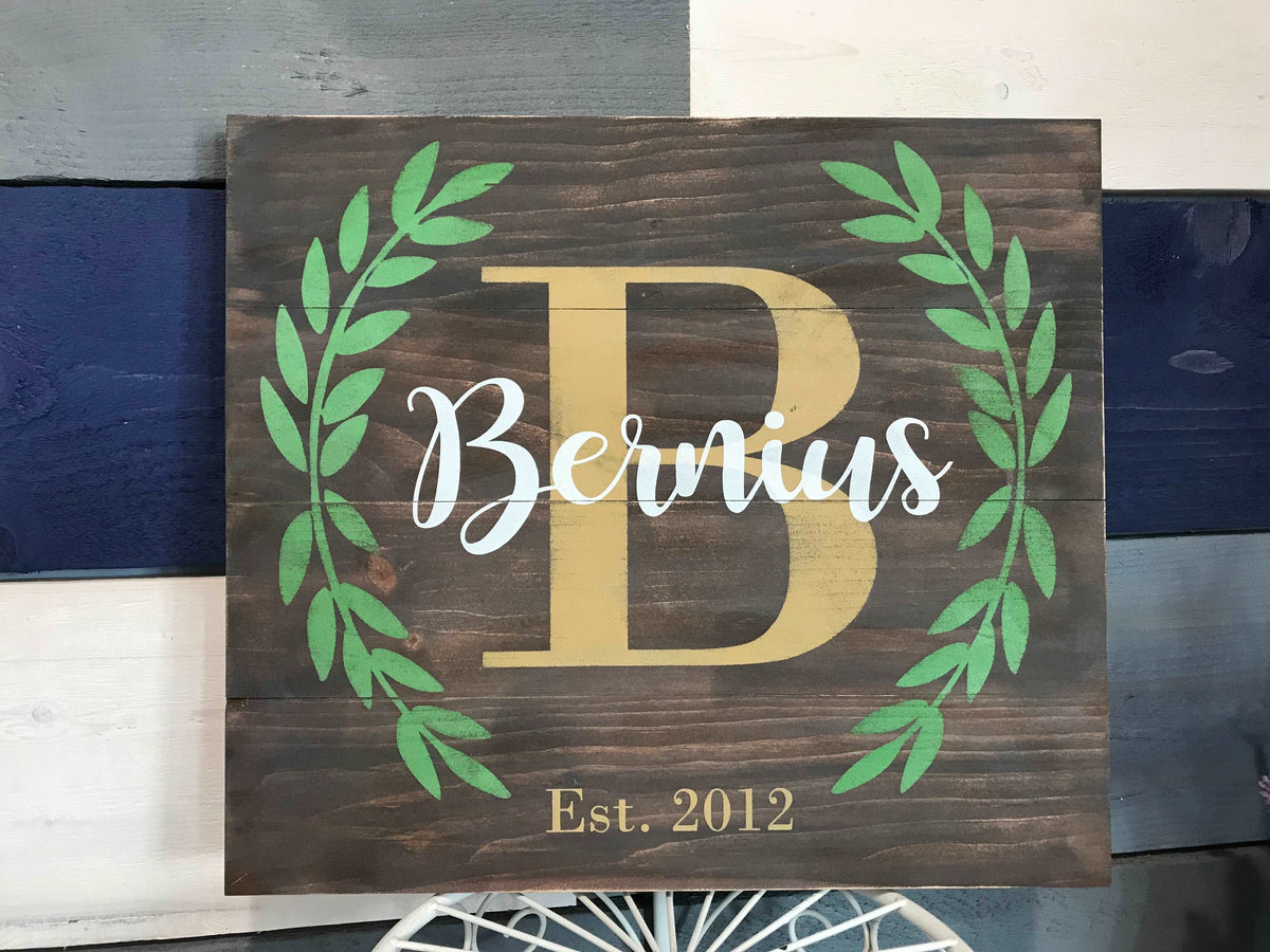 Initial w/Family Name Laurel Leaves – Hammer & Stain Long Island